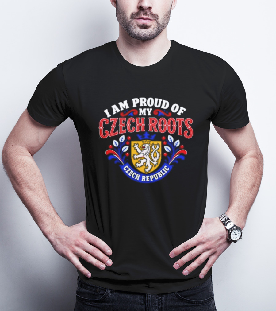 I Am Proud Of My Czech Roots Czech Republic Crest With Lion And Floral Motif T-Shirt