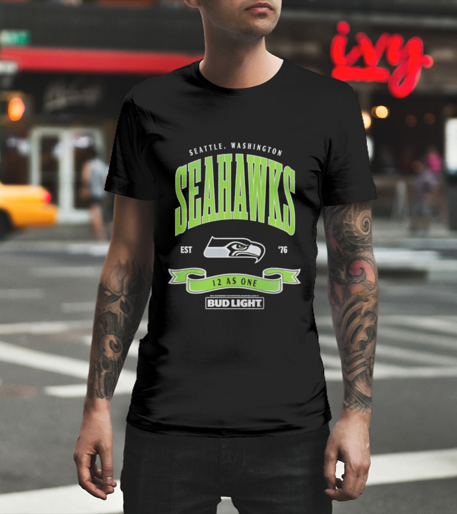 Seattle Washington Seahawks EST 76 Bud Light 12 As One T-Shirt