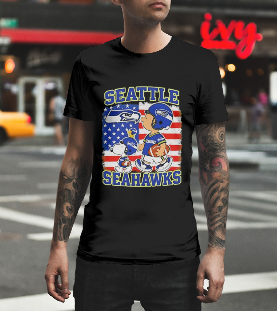 Snoopy Charlie Brown Seattle Seahawks American Flag Football T-Shirt
