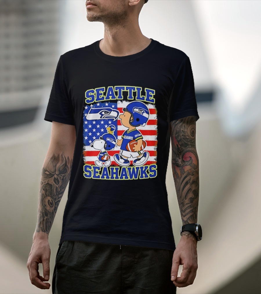Snoopy Charlie Brown Seattle Seahawks American Flag Football T-Shirt