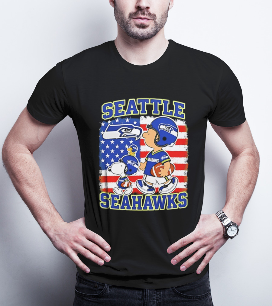 Snoopy Charlie Brown Seattle Seahawks American Flag Football T-Shirt