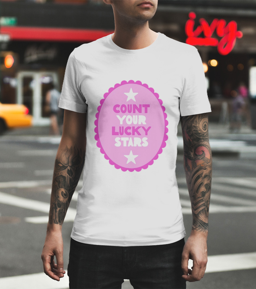 Count Your Lucky Stars Pink Oval Motivational Message T-Shirt