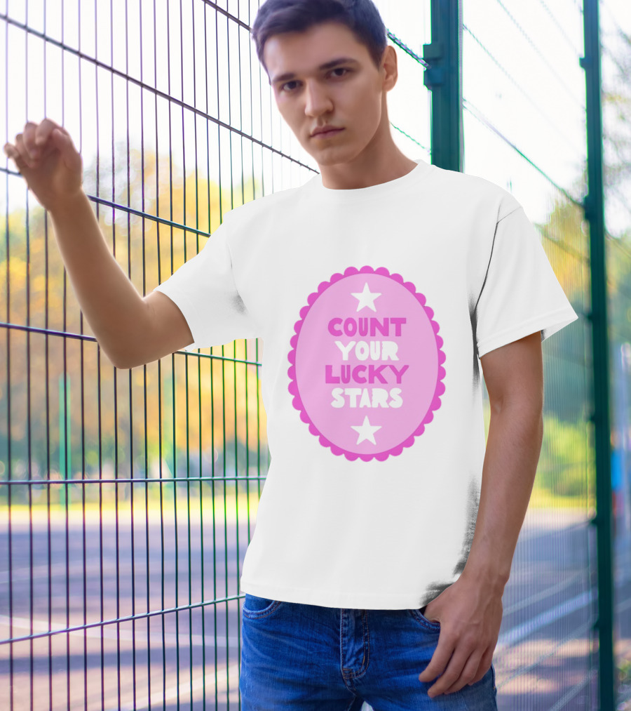 Count Your Lucky Stars Pink Oval Motivational Message T-Shirt