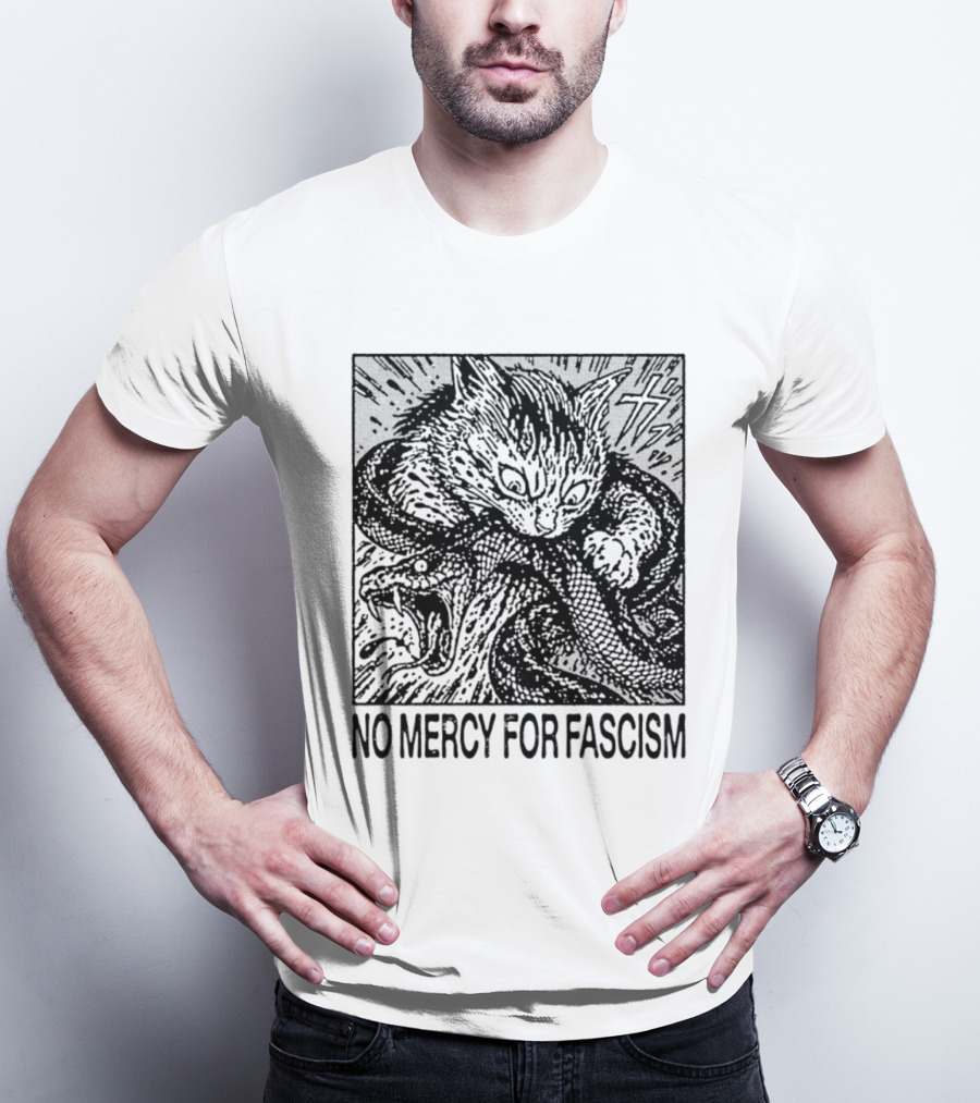 No Mercy For Fascism Cat Fighting Snake T-Shirt