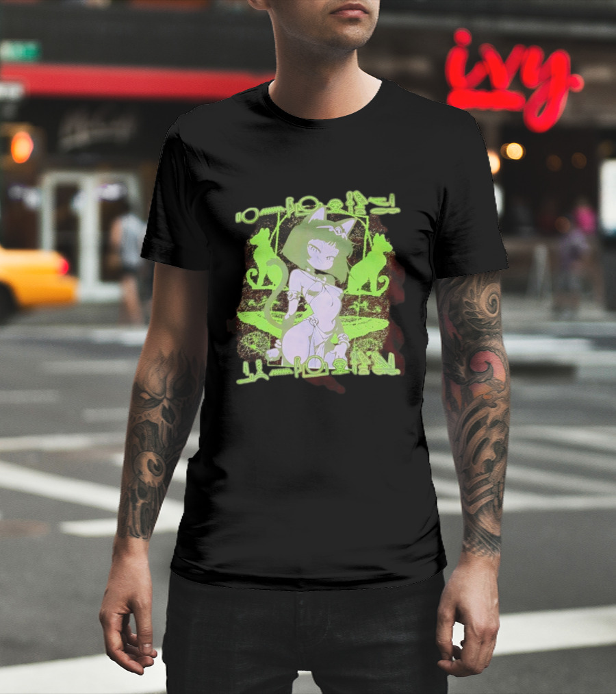 Anime Cat Girl Egyptian Hieroglyphics Neon Green Aesthetic T-Shirt