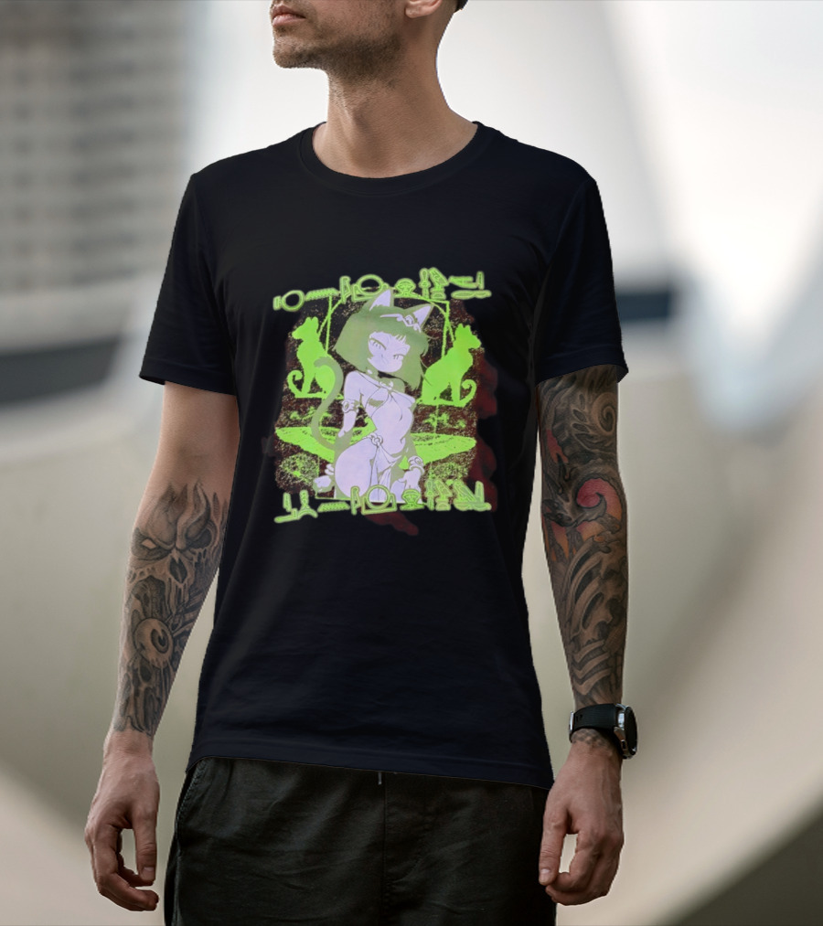 Anime Cat Girl Egyptian Hieroglyphics Neon Green Aesthetic T-Shirt