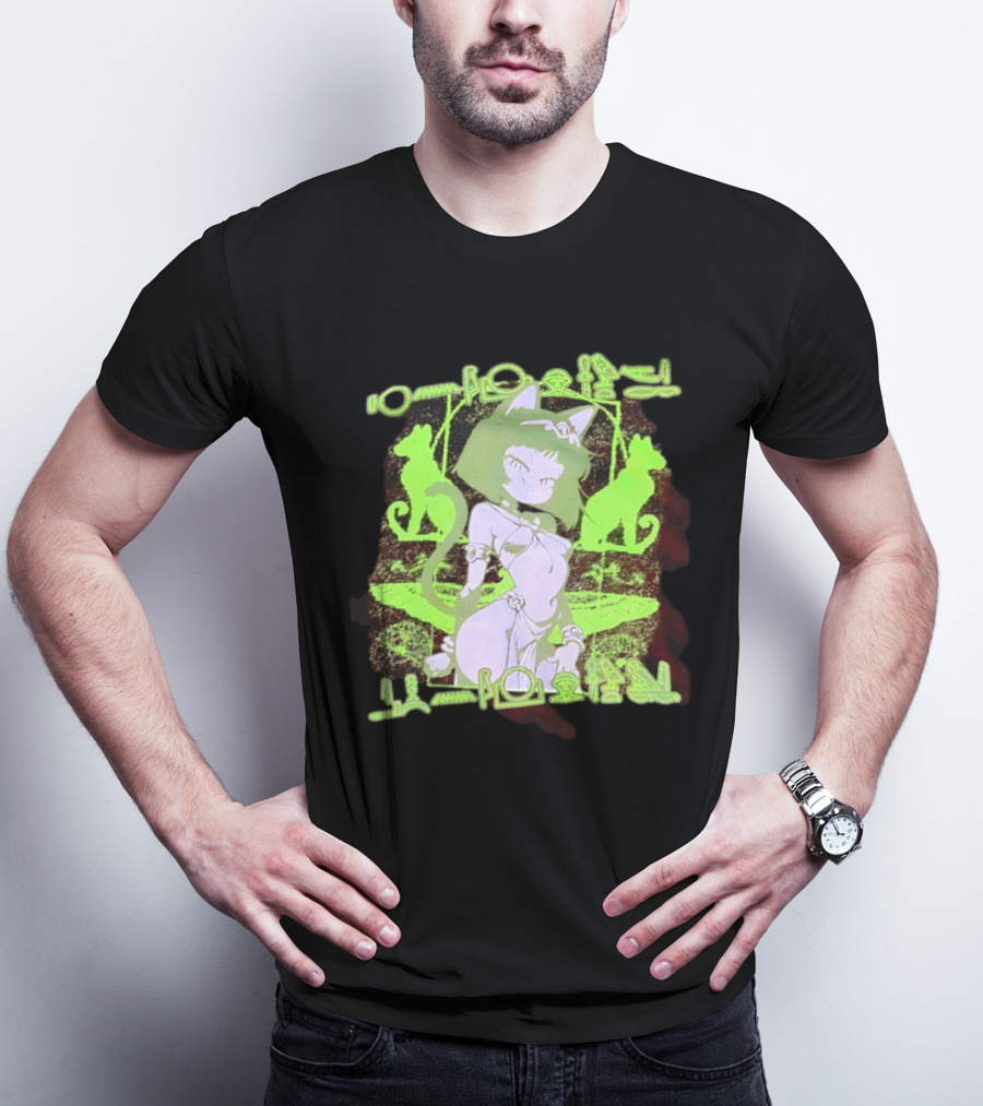 Anime Cat Girl Egyptian Hieroglyphics Neon Green Aesthetic T-Shirt