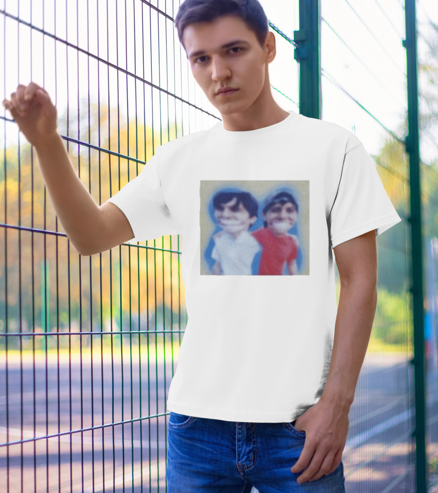 Slushy Noobs Hugging Cartoon Characters In Red And White Outfits T-Shirt