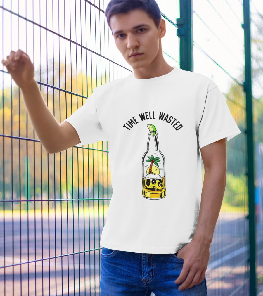 Time Well Wasted Skull And Palm Tree In Bottle With Lemon Slice T-Shirt