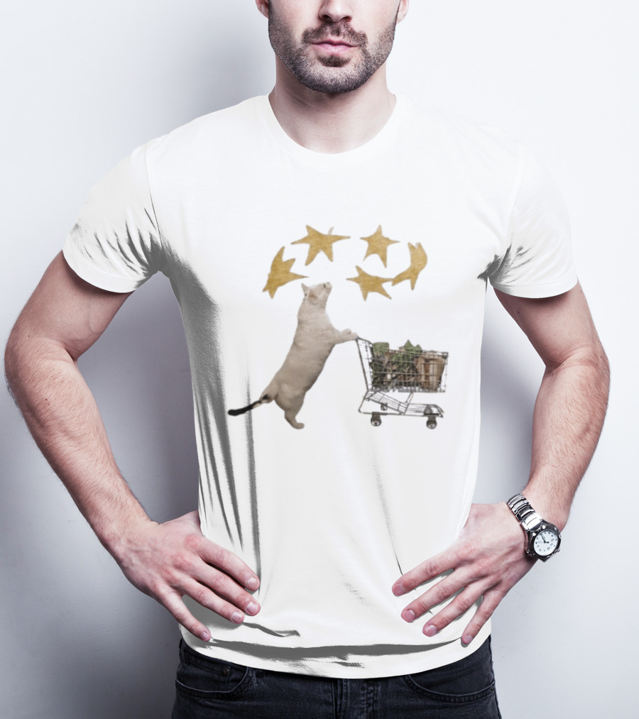 Cat Pushes Shopping Cart With Golden Stars Above T-Shirt