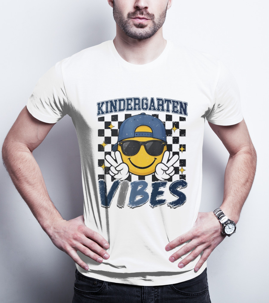 Kindergarten Vibes Smiley Face Sunglasses Peace Sign Checkered T-Shirt