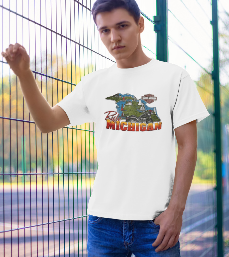 Ride Michigan Harley Davidson Motor Cycles Island Map And Lighthouse T-Shirt