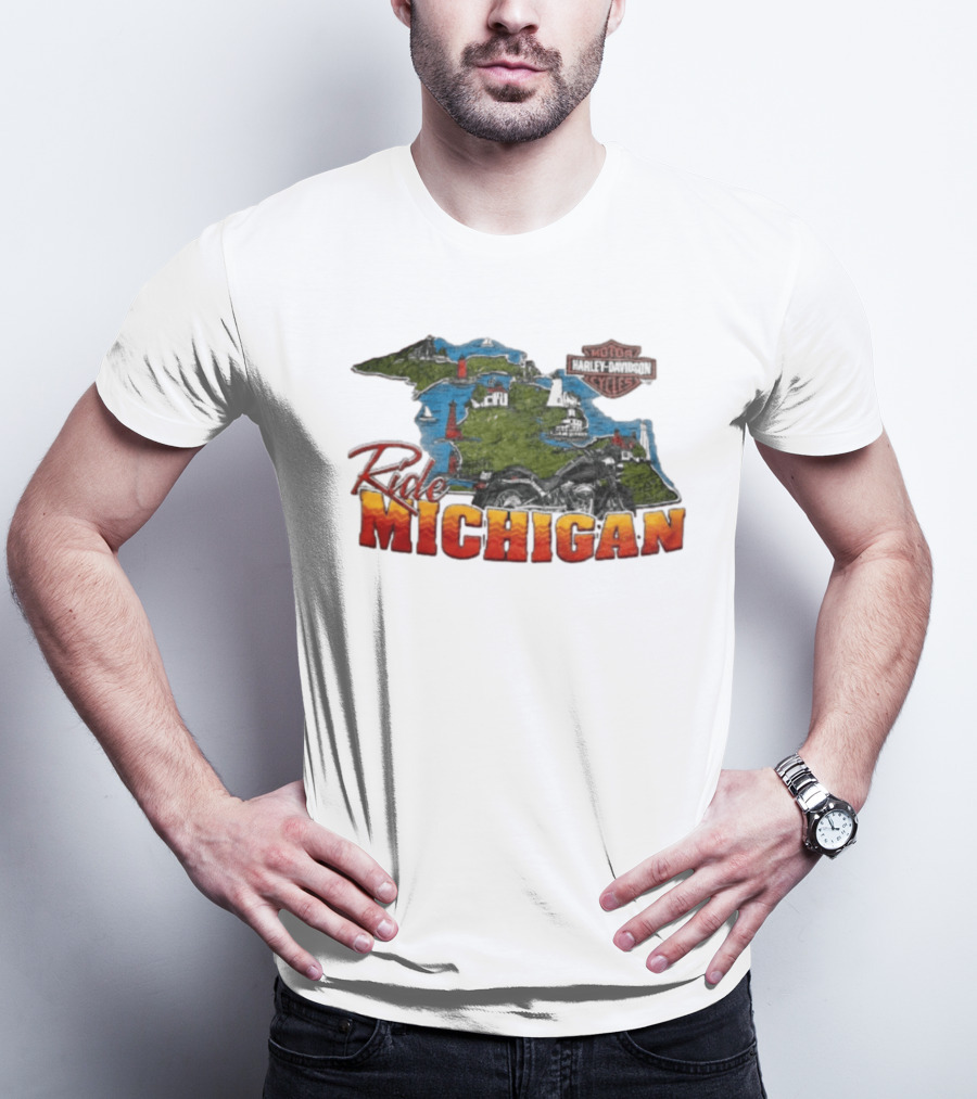 Ride Michigan Harley Davidson Motor Cycles Island Map And Lighthouse T-Shirt