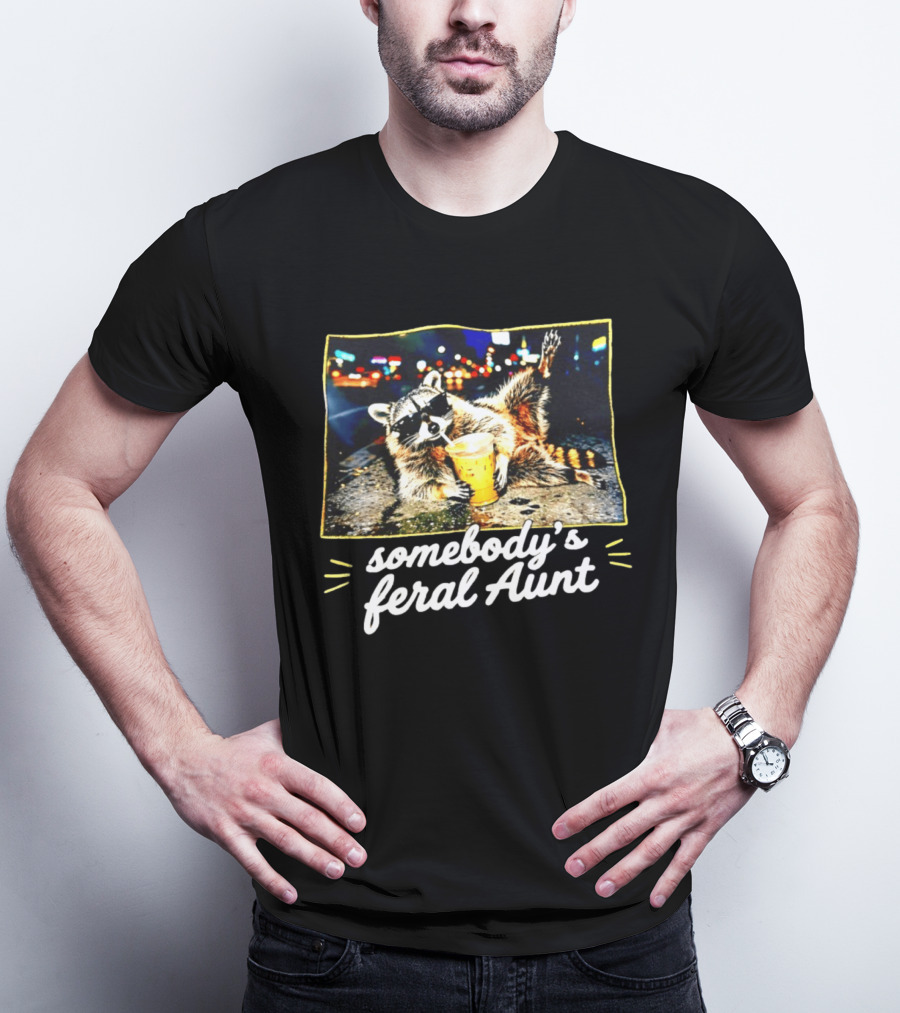 Somebody's Feral Aunt Raccoon Iced Coffee Street Scene T-Shirt