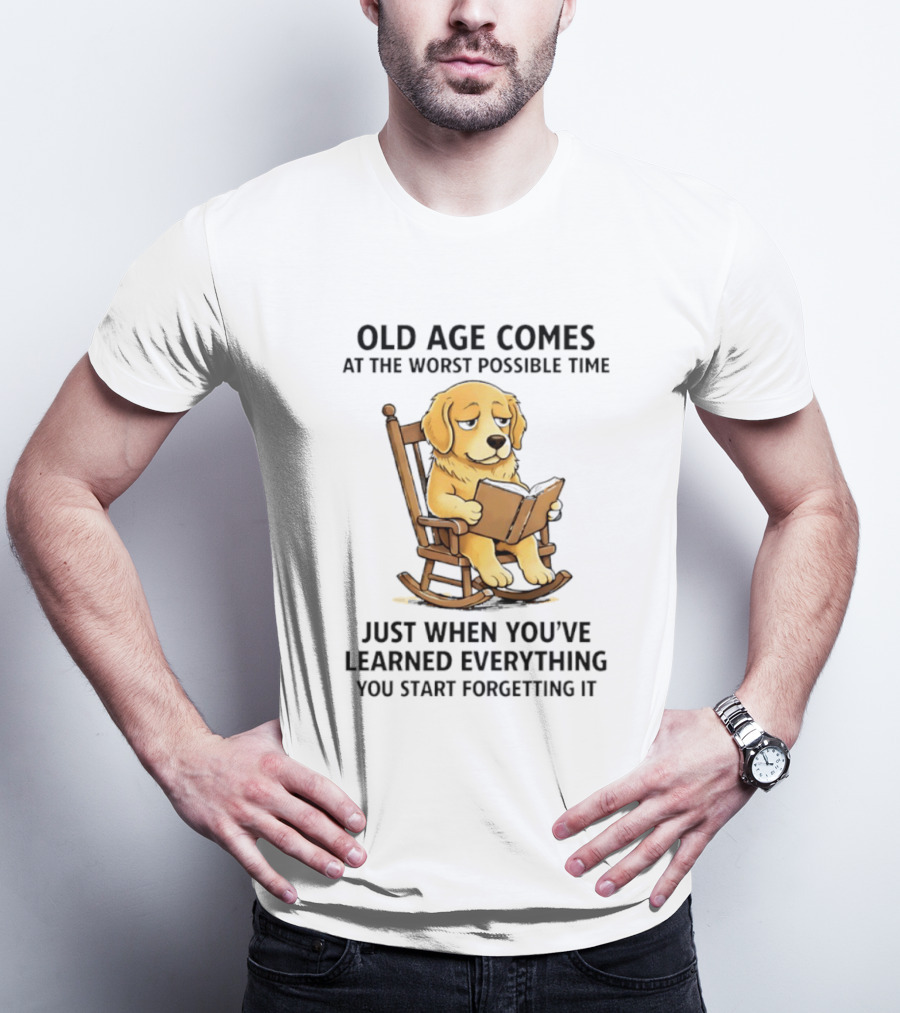 Golden Retriever Reading In Rocking Chair Old Age Humor T-Shirt