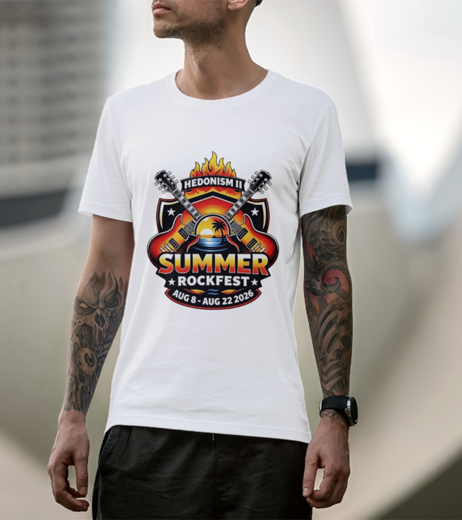 Hedonism II Summer Rockfest August 8 22 2026 Guitars Sunset Palms Fire T-Shirt