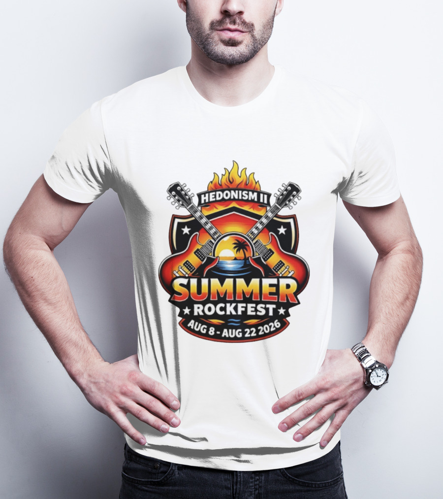 Hedonism II Summer Rockfest August 8 22 2026 Guitars Sunset Palms Fire T-Shirt