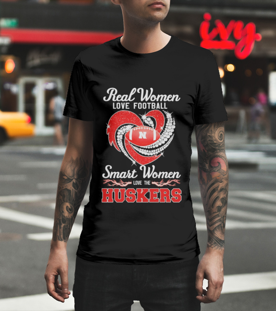 Real Women Love Football Smart Women Love The Nebraska Huskers Football Heart T-Shirt