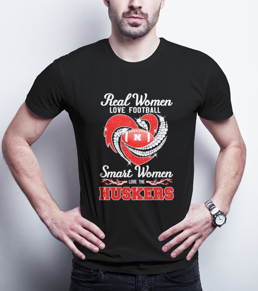 Real Women Love Football Smart Women Love The Nebraska Huskers Football Heart T-Shirt