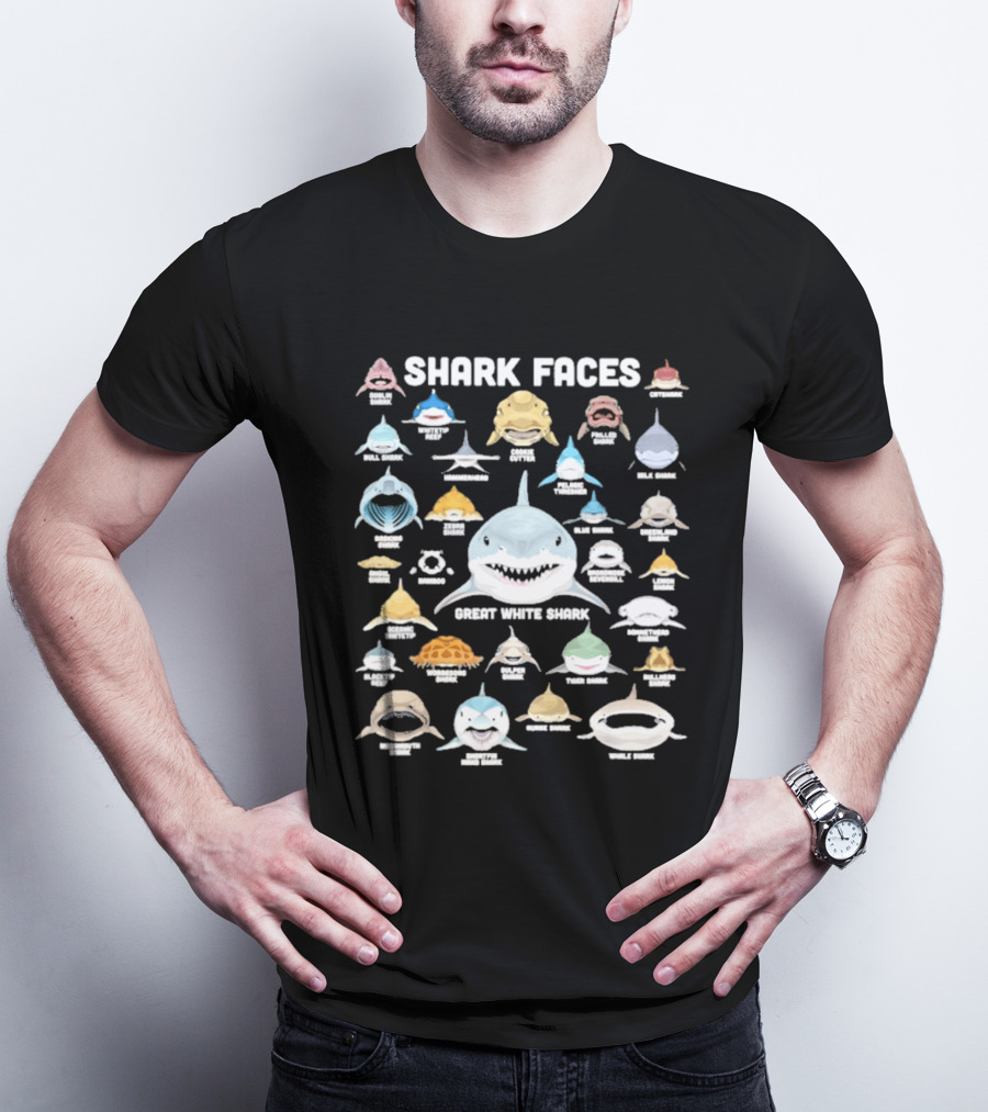Shark Faces Types Marine Biology Great White Hammerhead Whale Tiger Goblin Thresher Whale Goblin T-Shirt
