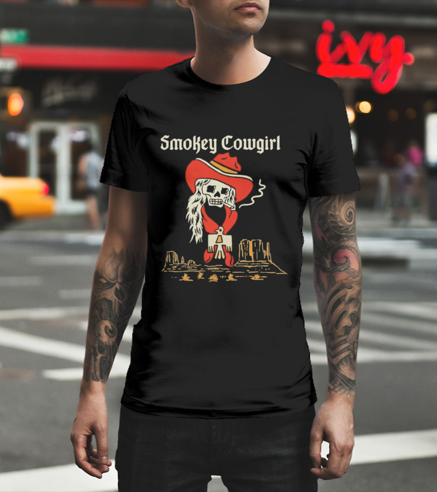Smokey Cowgirl Western Skeleton Cowboy Desert Scene T-Shirt