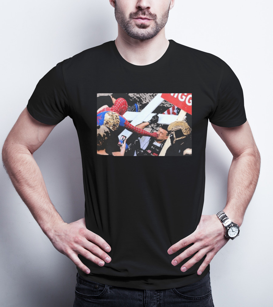 Spiderman Punch A Nazi Humor Superhero Comic Book Action Scene T-Shirt