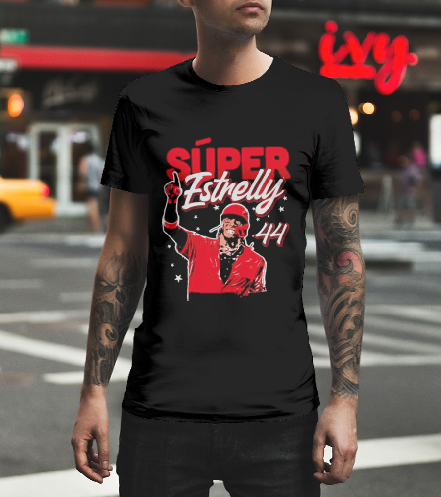 Súper Estrelly 44 Red Baseball Celebration Hero T-Shirt