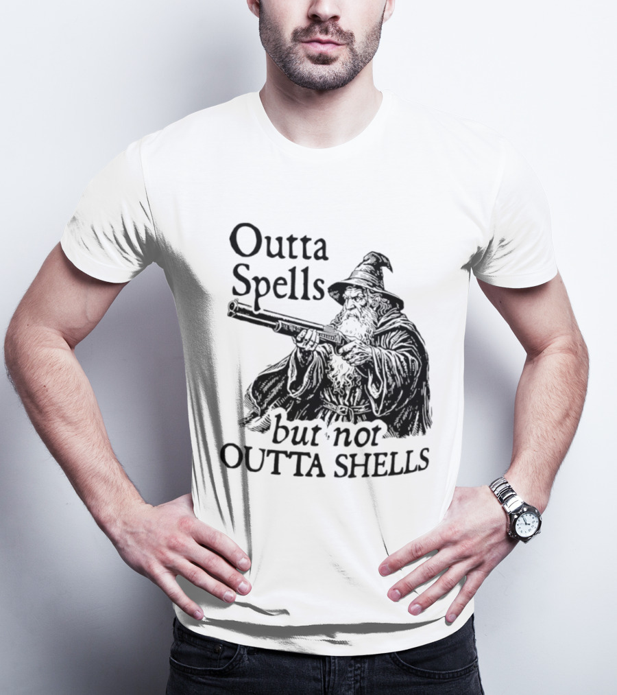 Outta Spells But Not Outta Shells Wizard With Shotgun T-Shirt