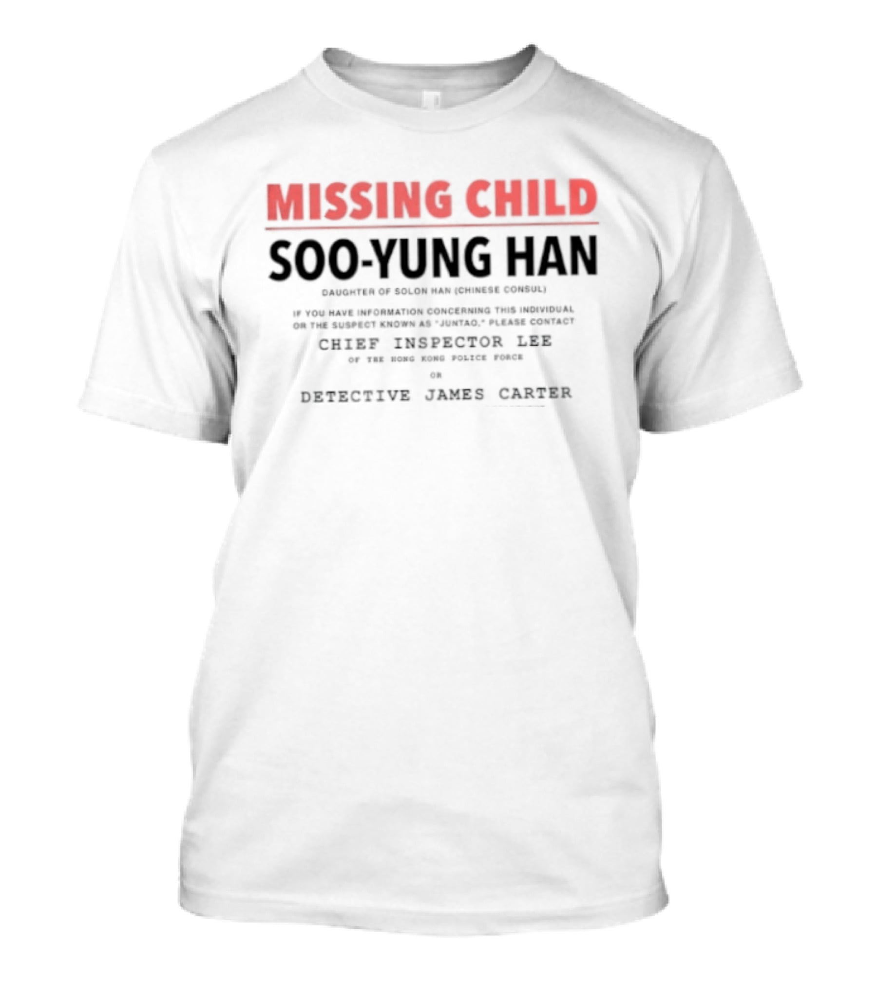 Missing Child Soo Yung Han Grey Lincoln Town Car Detective James Carter T-Shirt