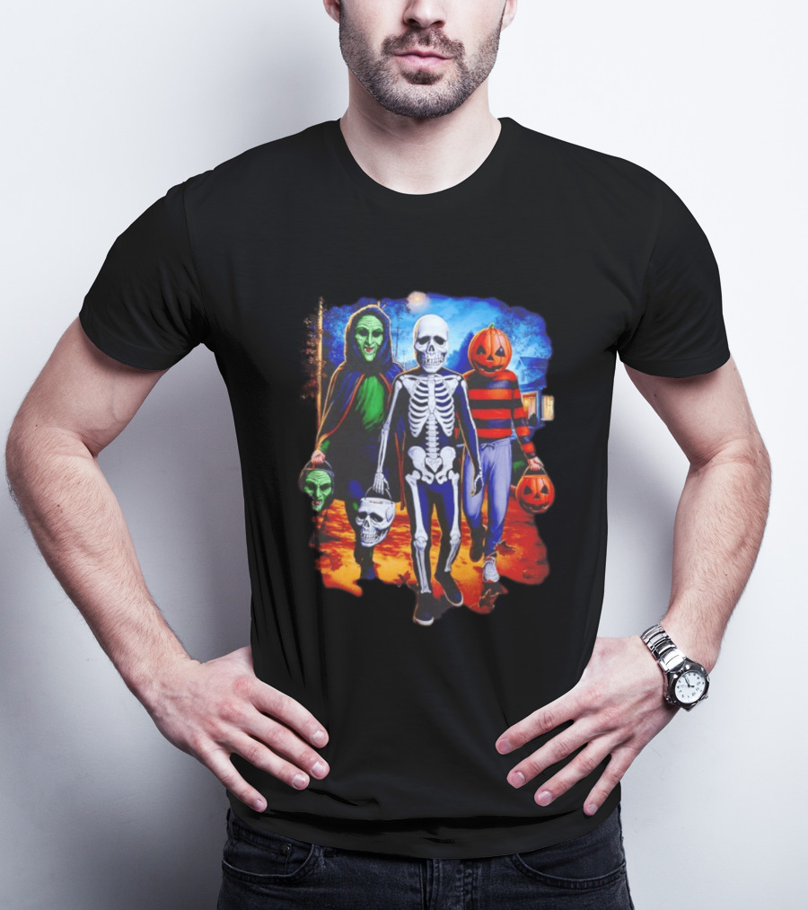 2026 Halloween Trick Or Treat Trio Skeleton Witch Pumpkin Night T-Shirt