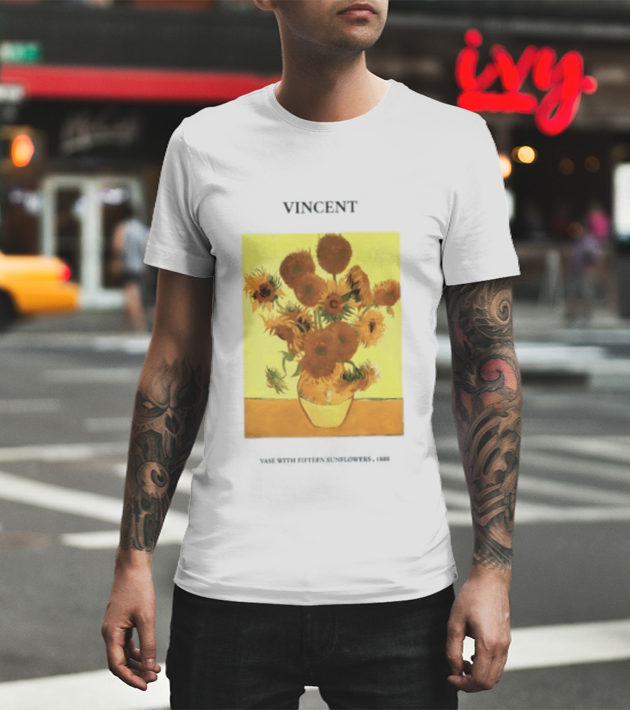 Vincent Van Gogh Sunflowers Vase Painting Vincent Written On It T-Shirt