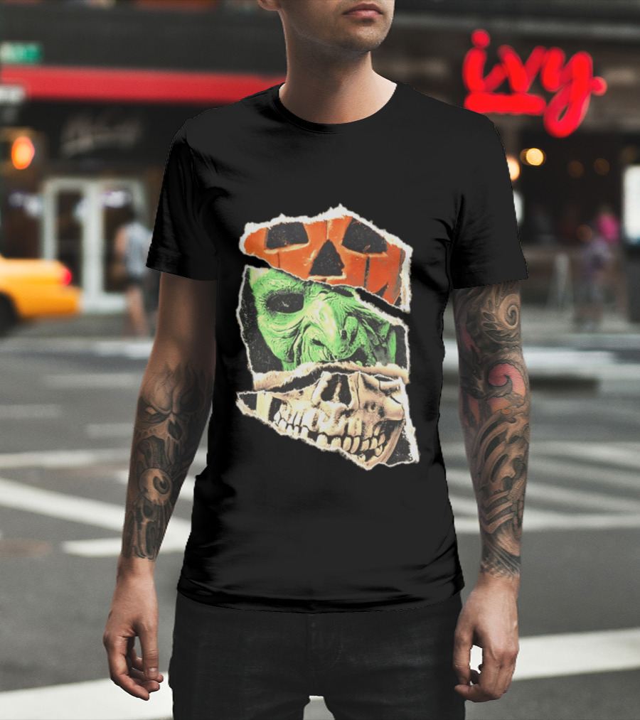 Halloween Trio Three Masks Horror Season Of The Witch Pumpkin Skull Green Mask T-Shirt