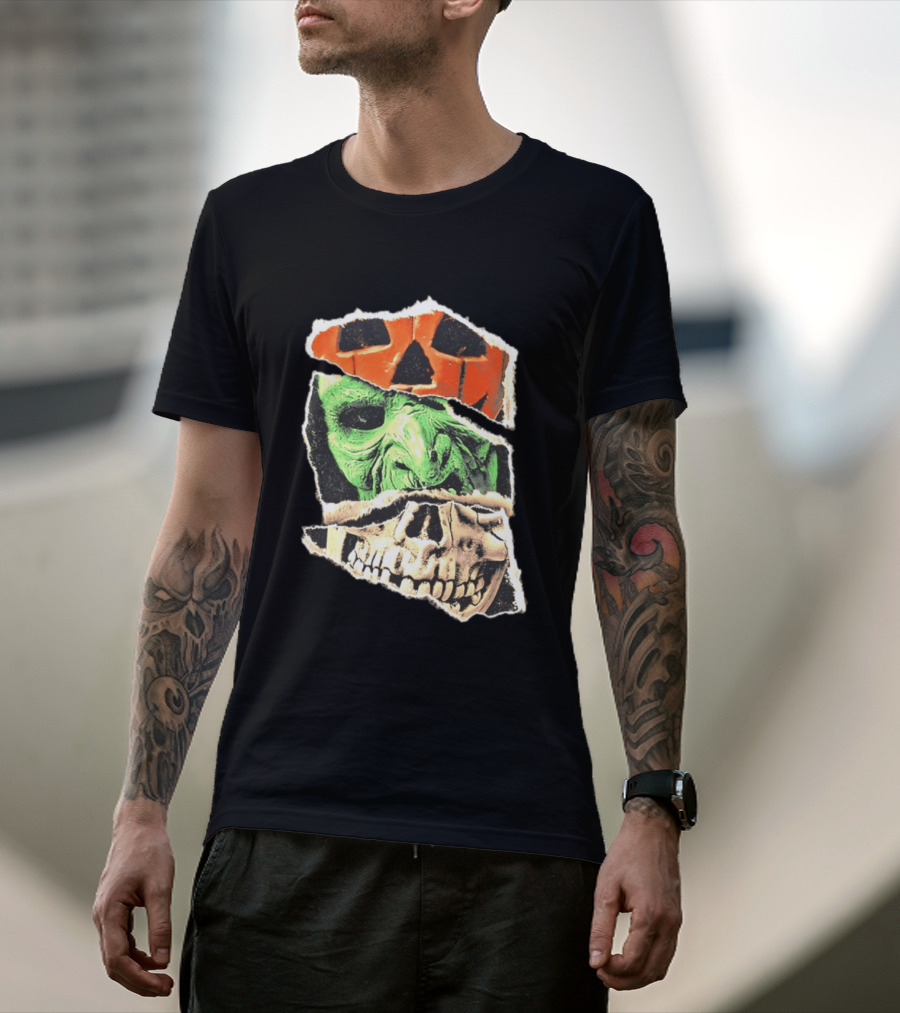 Halloween Trio Three Masks Horror Season Of The Witch Pumpkin Skull Green Mask T-Shirt