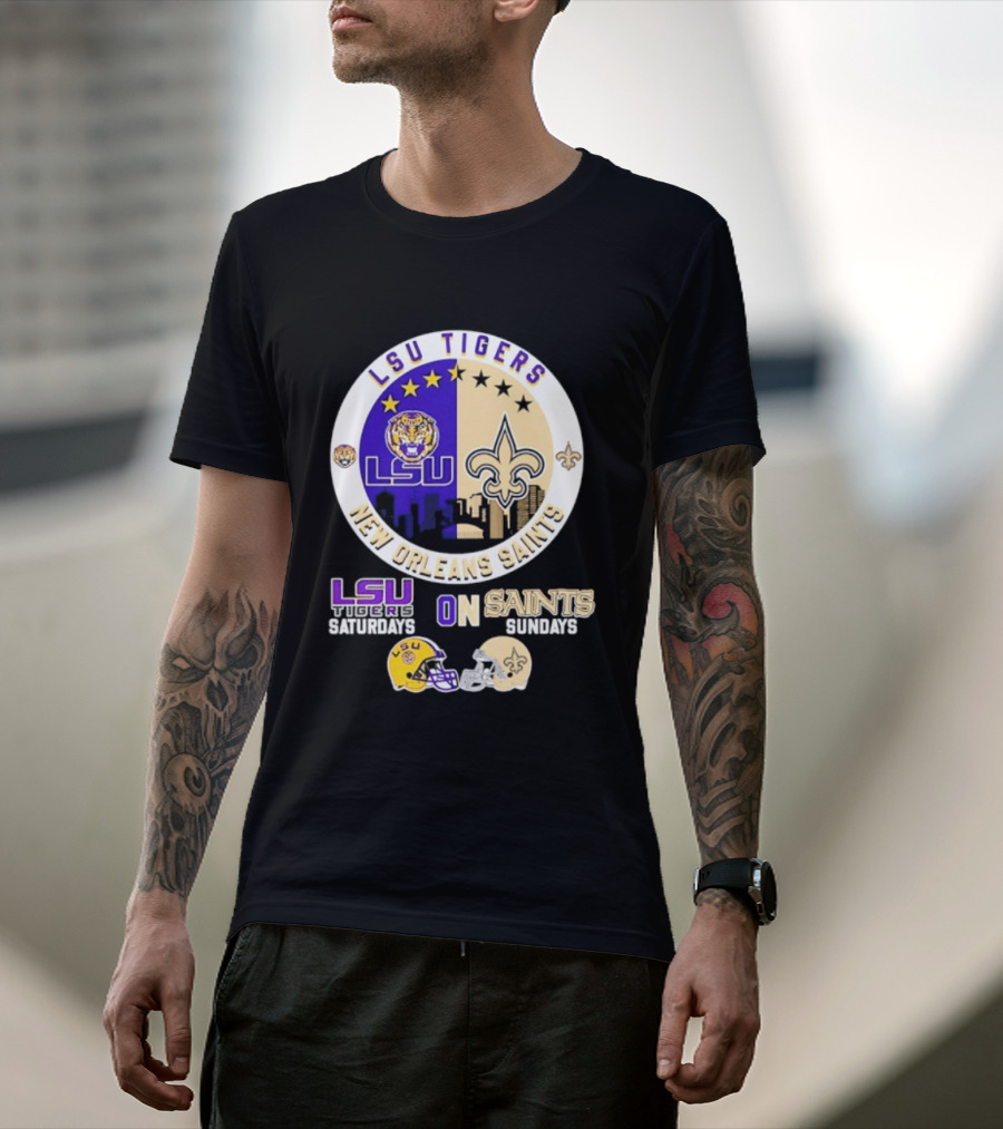 LSU Tigers New Orleans Saints Skyline Helmet Celebration Saturdays Sundays T-Shirt