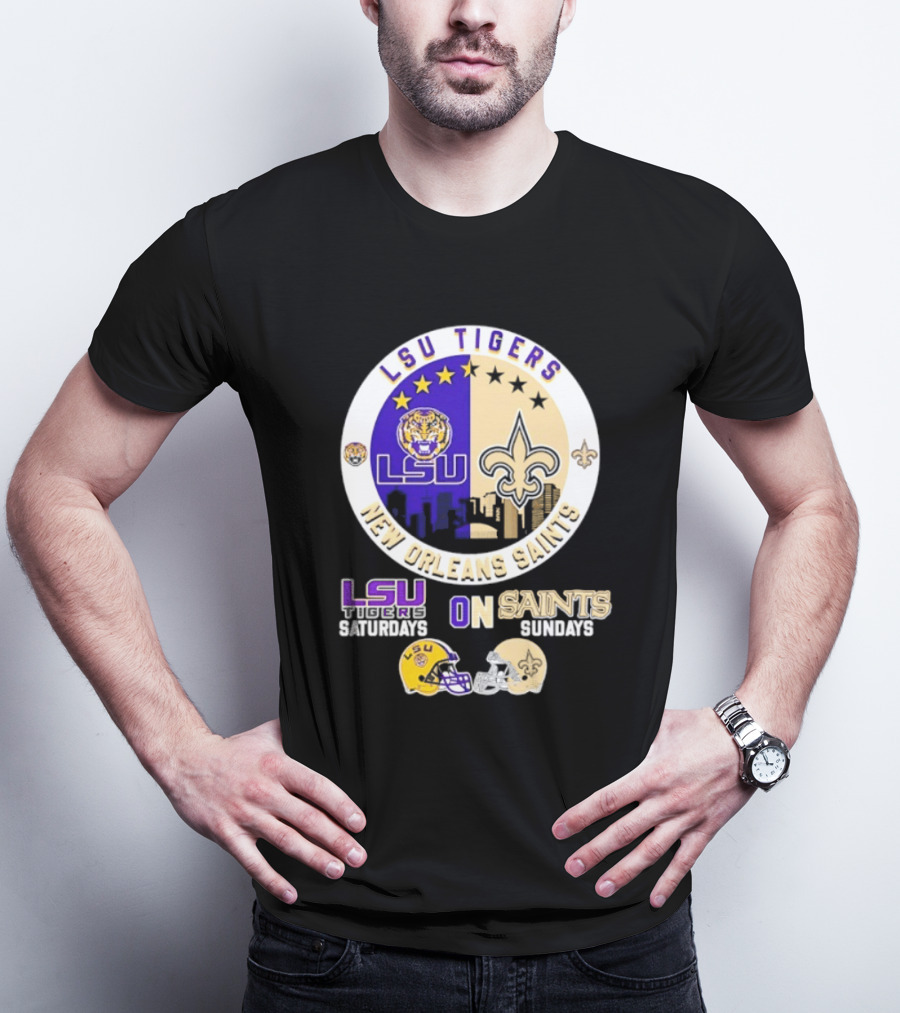 LSU Tigers New Orleans Saints Skyline Helmet Celebration Saturdays Sundays T-Shirt