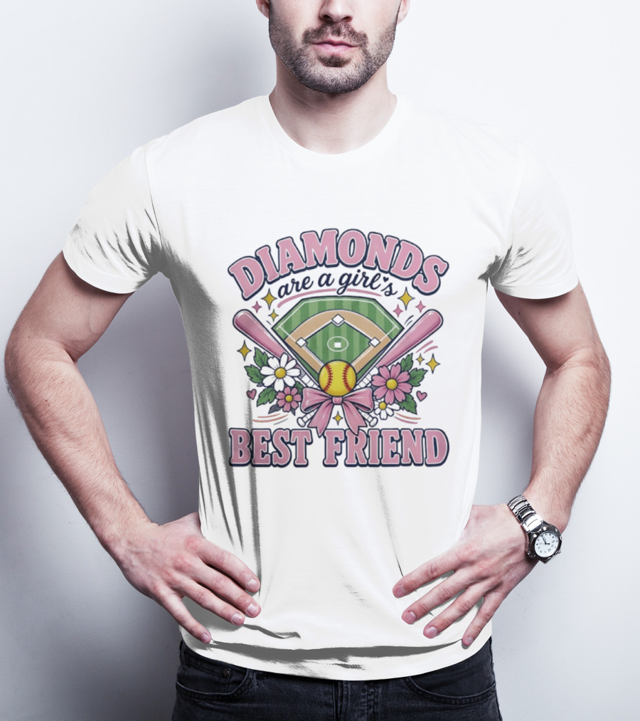 Diamonds Are A Girl's Best Friend Softball Field Pink Bats Floral Stars T-Shirt