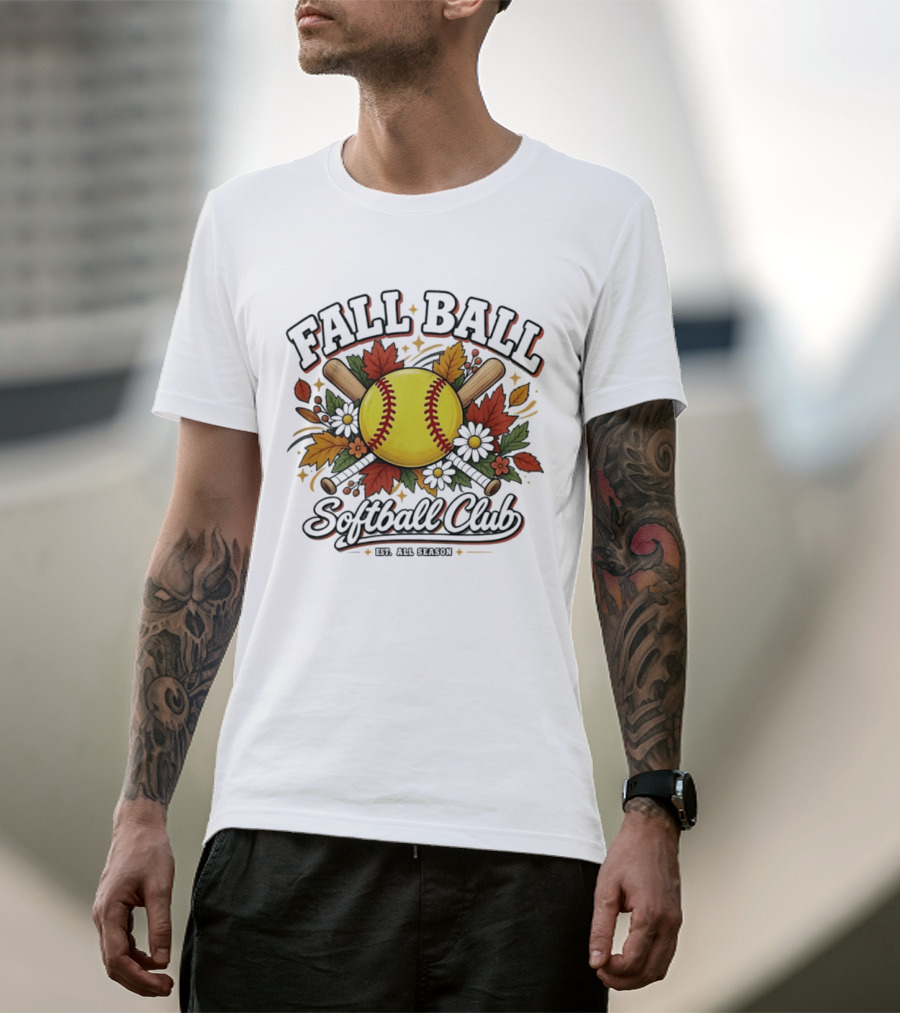 Fall Ball Softball Club Established All Season Autumn Leaves And Bats T-Shirt