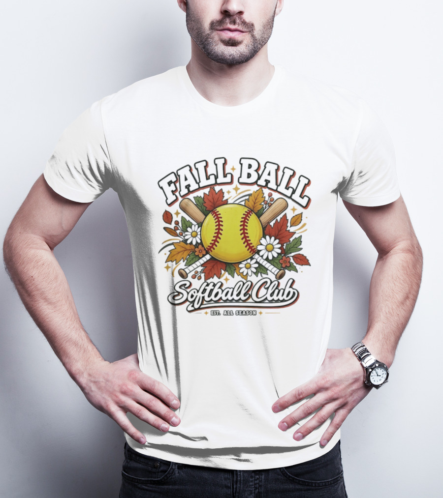 Fall Ball Softball Club Established All Season Autumn Leaves And Bats T-Shirt