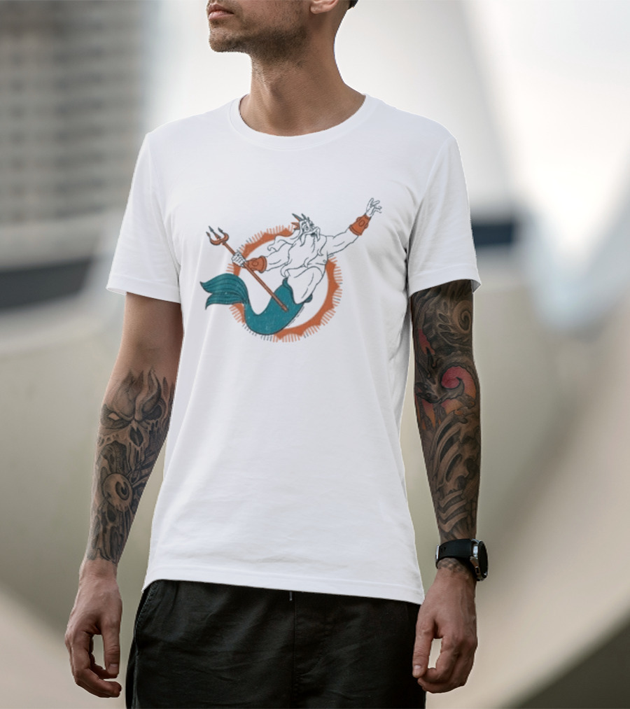 Miami Dolphins King Triton Pose With Trident And Aqua Tail T-Shirt