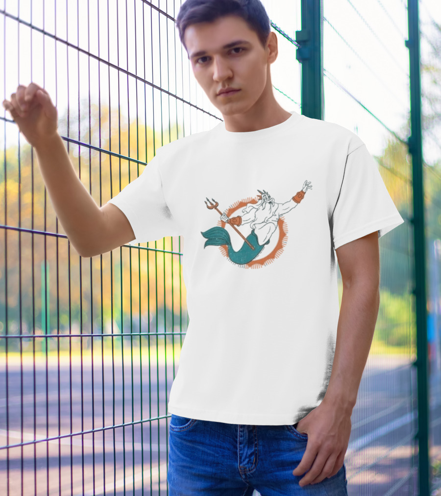 Miami Dolphins King Triton Pose With Trident And Aqua Tail T-Shirt