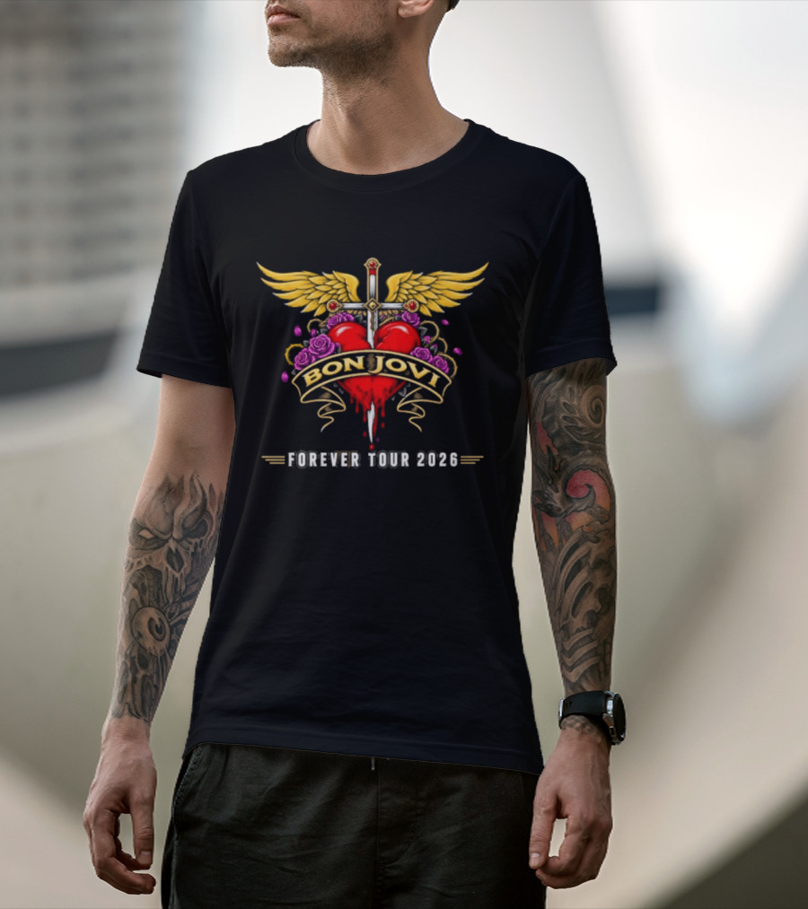 Bon Jovi Forever Tour 2026 Heart And Dagger Wings Roses T-Shirt