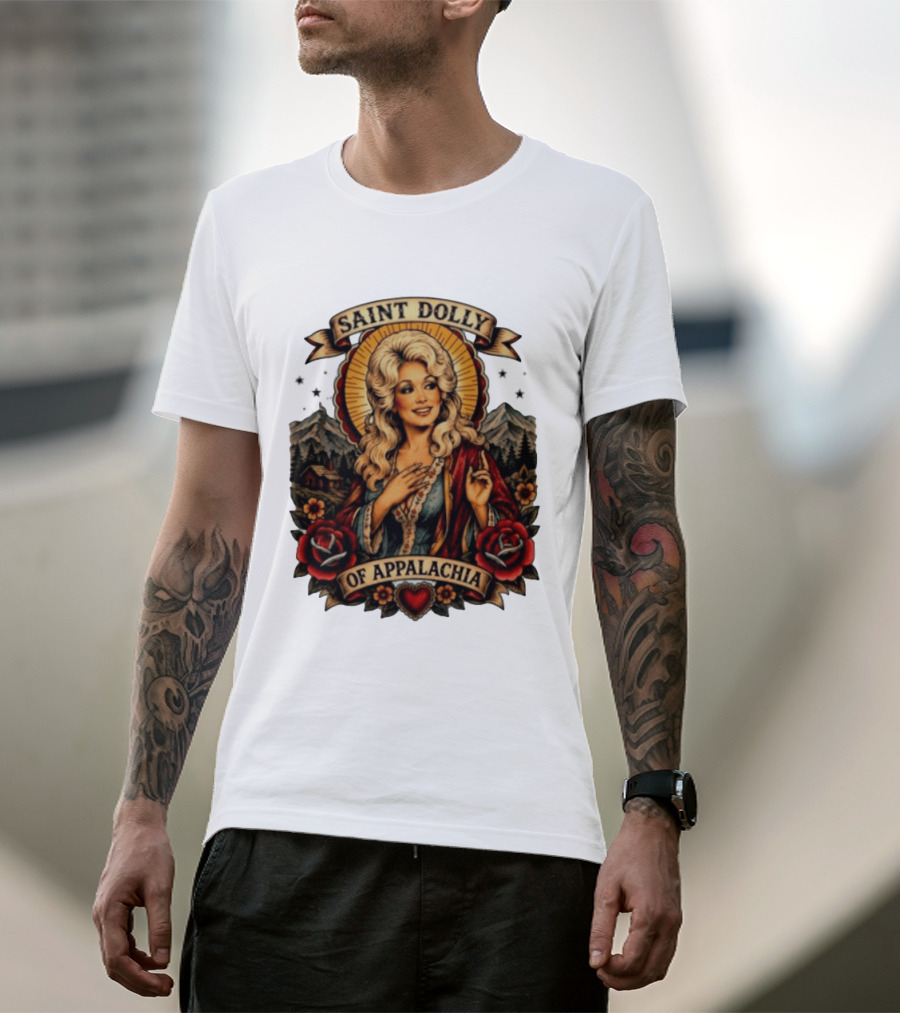 Saint Dolly Of Appalachia Iconic Tribute With Roses And Mountains T-Shirt