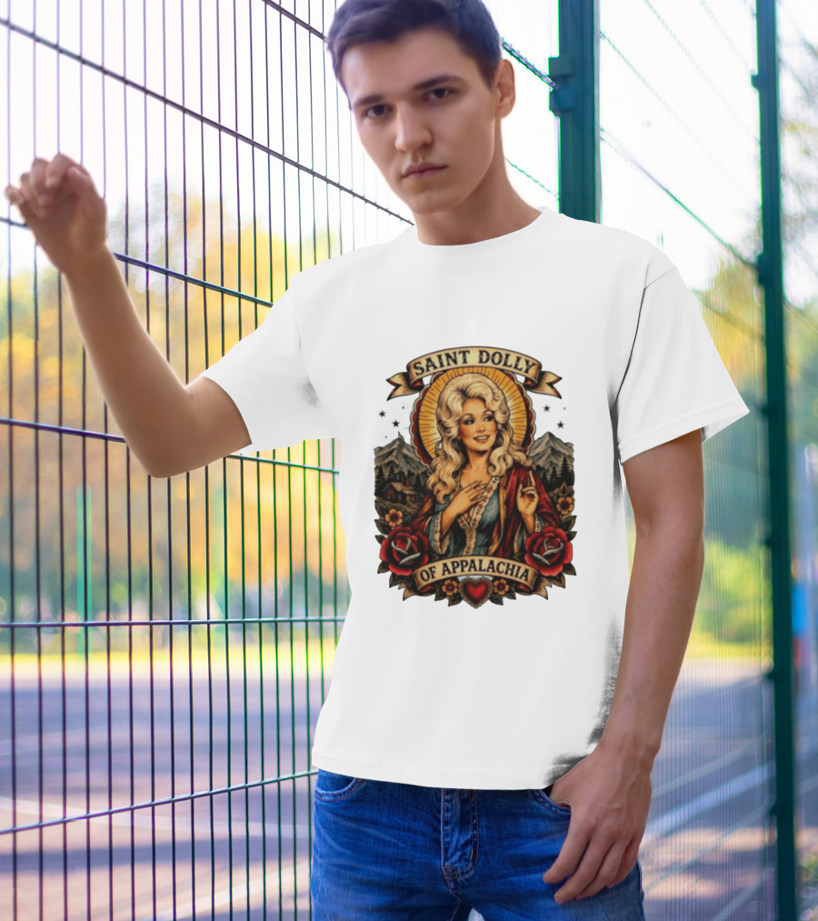 Saint Dolly Of Appalachia Iconic Tribute With Roses And Mountains T-Shirt