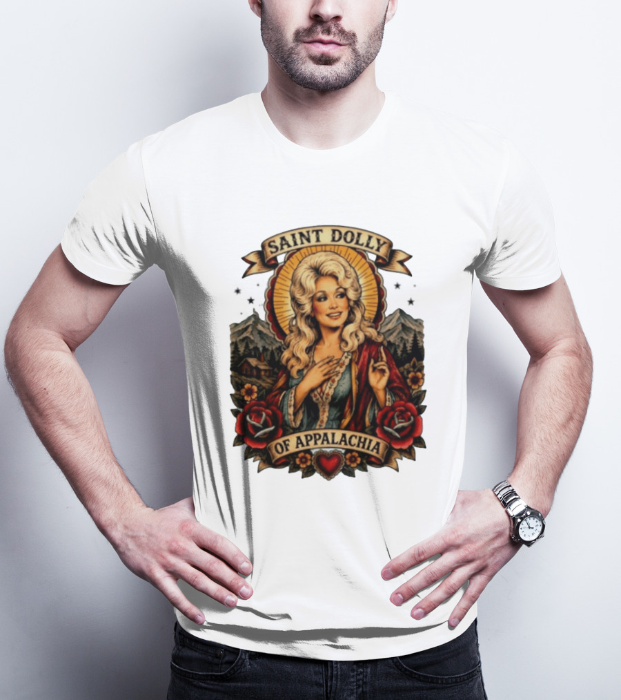 Saint Dolly Of Appalachia Iconic Tribute With Roses And Mountains T-Shirt
