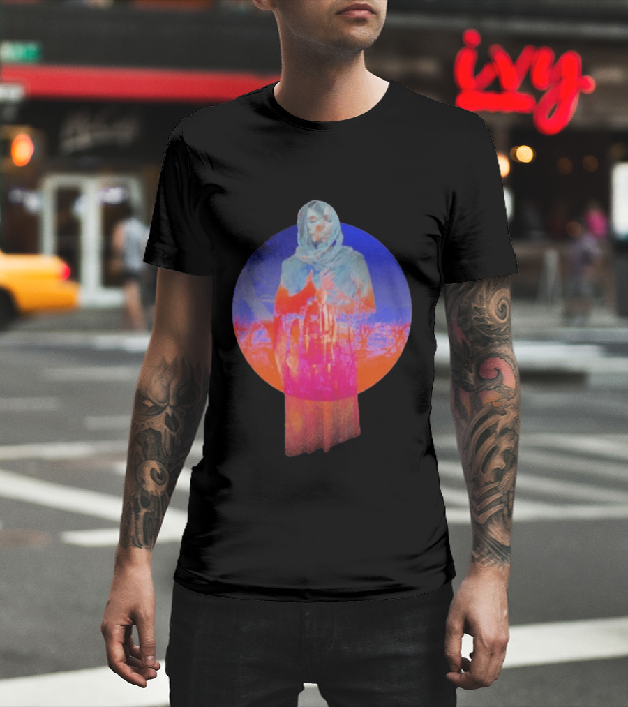 Hot Spot Eclipse Surreal Mystical Figure Eerie Hooded Apparition In Vibrant Color Spectrum T-Shirt