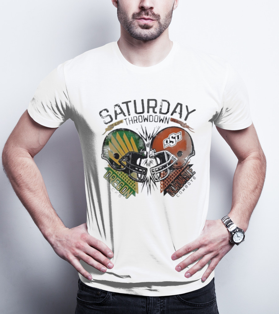 Oklahoma State Vs Oregon Saturday Throwdown 2026 Helmet Clash T-Shirt