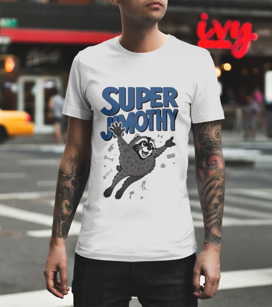 Super Jimothy Leaping Raccoon Playful Adventure T-Shirt