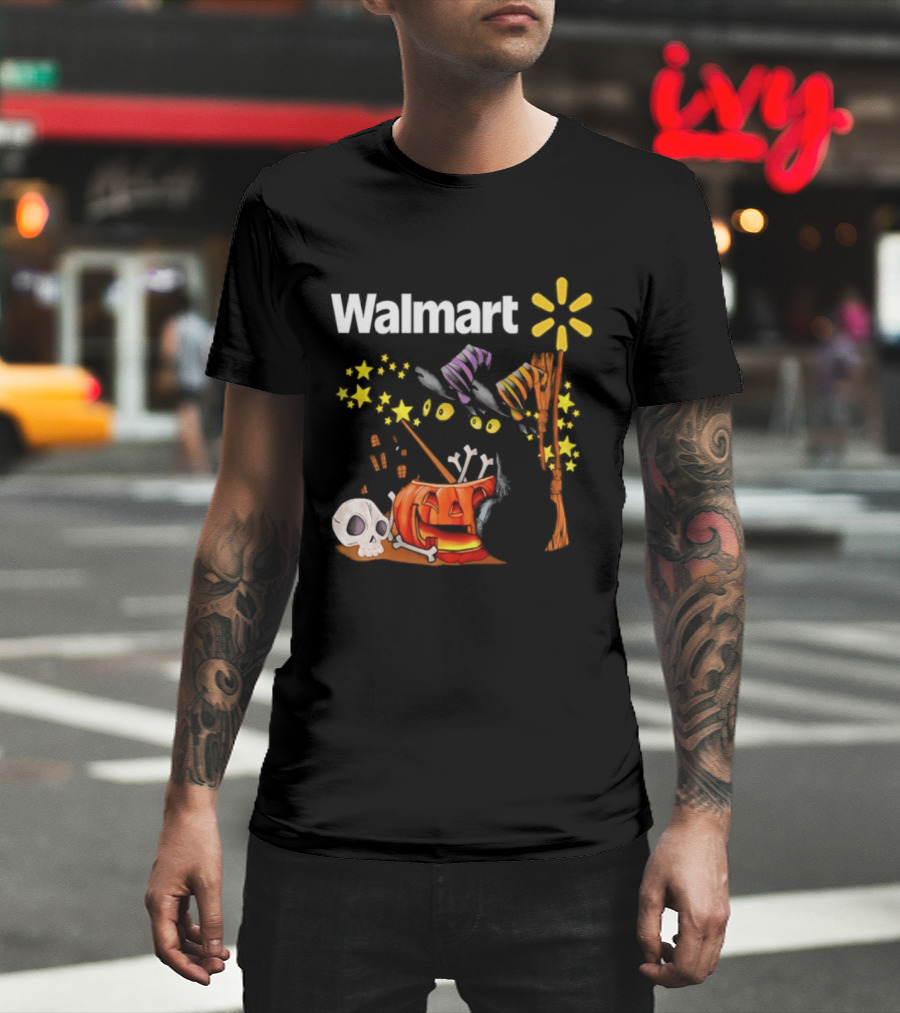 Walmart Halloween 2026 Black Cats With Witch Hats Pumpkin Skull And Stars T-Shirt