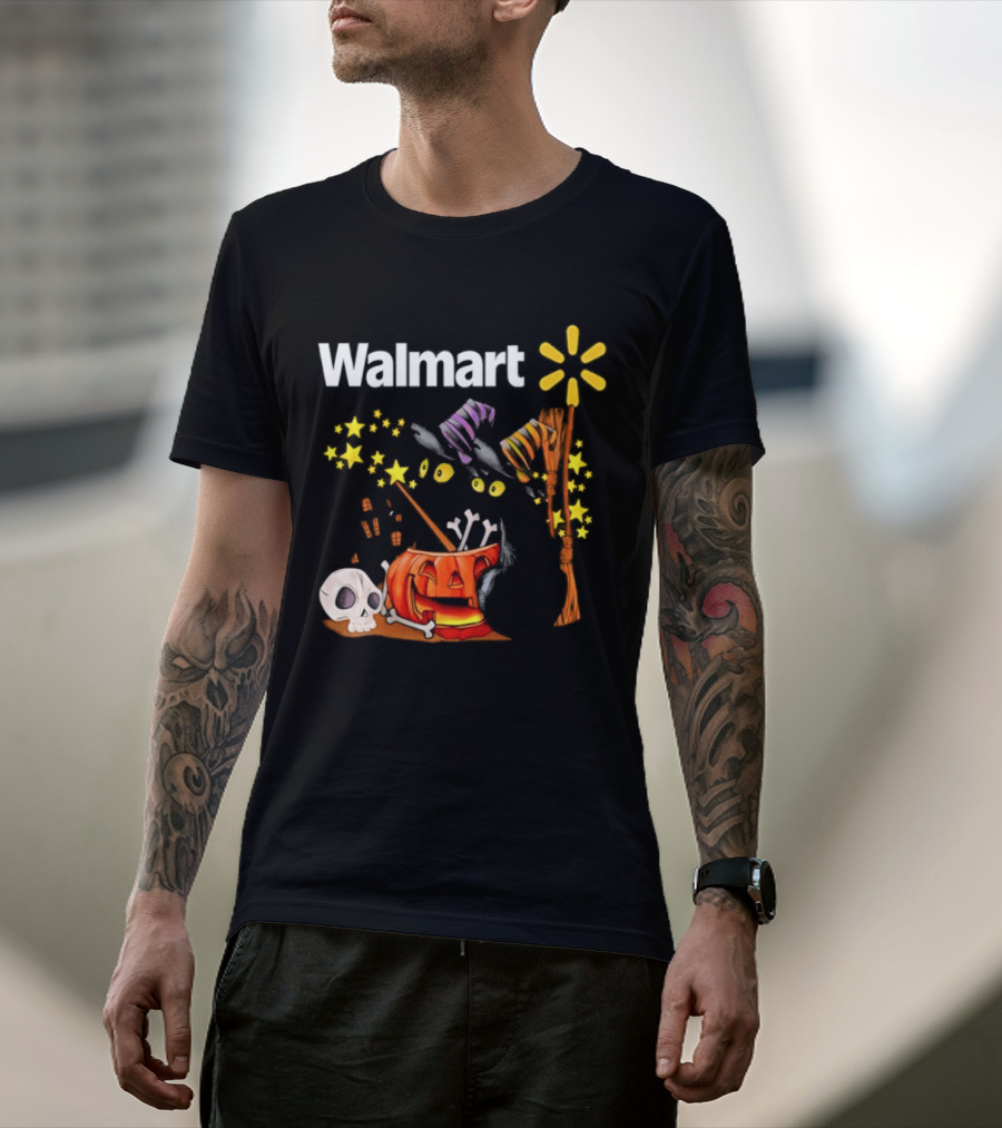Walmart Halloween 2026 Black Cats With Witch Hats Pumpkin Skull And Stars T-Shirt