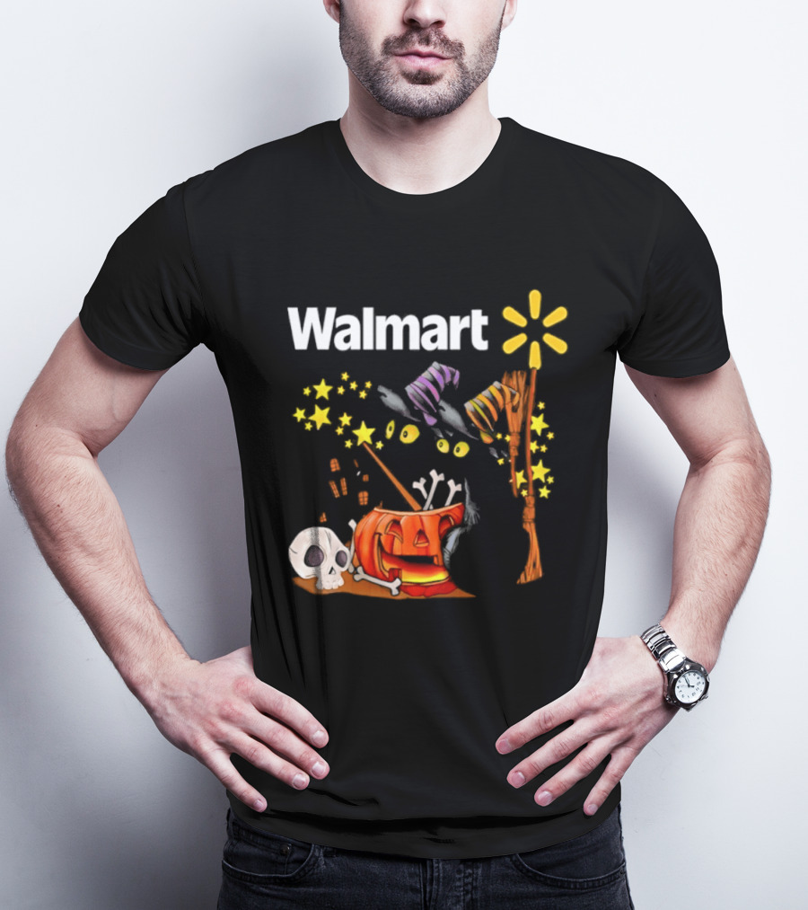 Walmart Halloween 2026 Black Cats With Witch Hats Pumpkin Skull And Stars T-Shirt